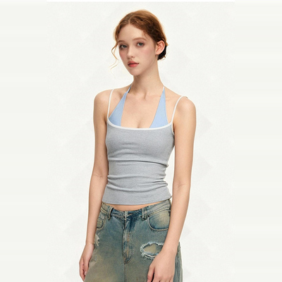 辣妹撞色假两件拼接背心女