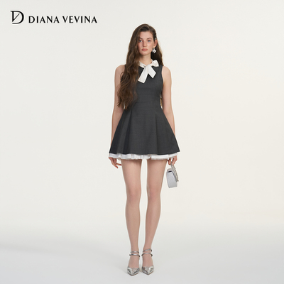 DIANAVEVINA2026夏季新款蝴蝶结撞色收腰A字女气质千金无袖连衣裙