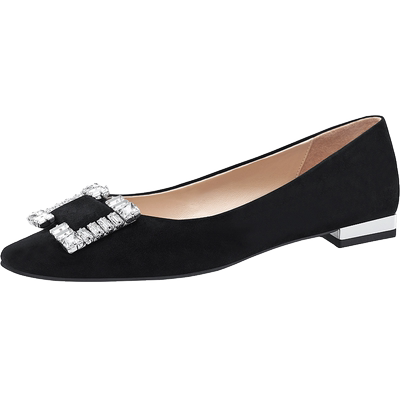 玖熙钻扣方头绒面低跟单鞋