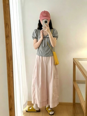 Eter 夏韩系甜美蝴蝶结泡泡袖短袖女设计感宽松显瘦八分工装裤