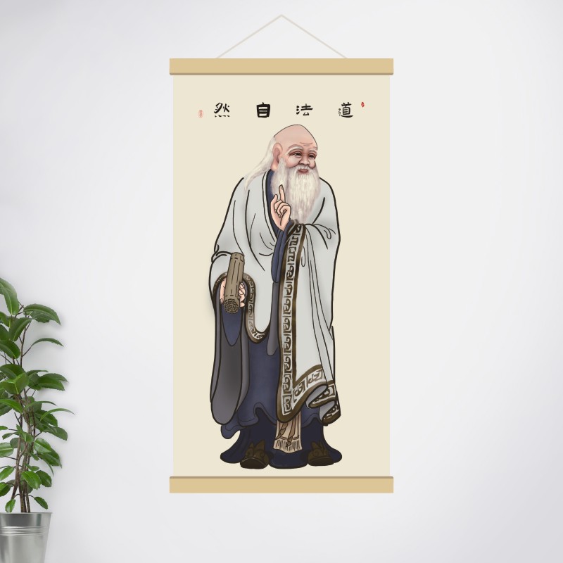 老子画像实木挂轴挂李耳古代人物画油画布画心客厅书房装饰画