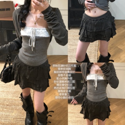 【含羊毛】针织三件套女秋季绑带抹胸坎肩开衫蛋糕百褶短裙12033