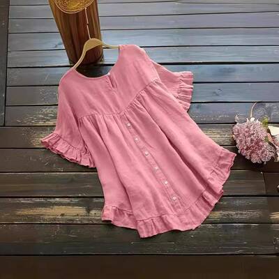 Womens Button Cotton Top Shirt and Ruffle Solid Sleeve