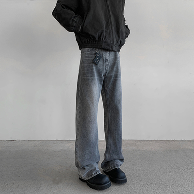 小柯xock复古灰色直筒牛仔裤男