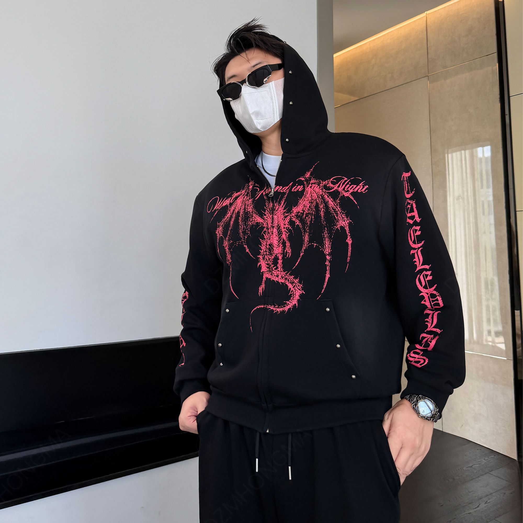 DAZHONGMA 美式街潮脏染喷色铆钉印花龙骨做旧连帽开衫卫衣