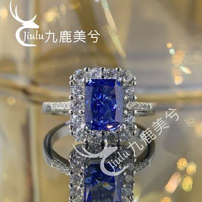 2克拉培育高碳钻雷迪恩皇家蓝冰花切戒指厚镀18K金托6*8长方钻戒