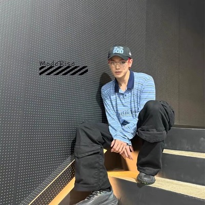 蓝色条纹POLO衫上衣美式