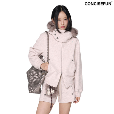 CONFUN 可拆卸毛领修身双开拉链彩点连帽卫衣套装