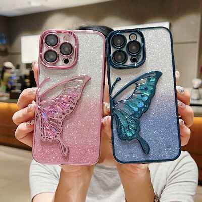 适用iPhone15Pro新款闪粉梦蝶流沙手机壳苹果14镜头膜防摔保护套