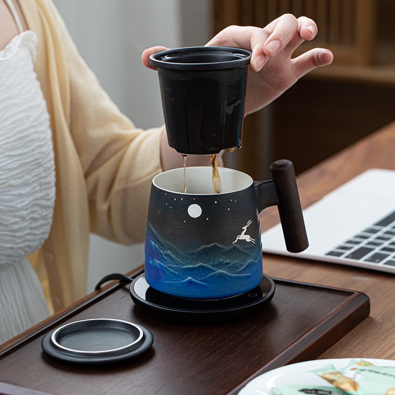 黑陶马克杯 过滤泡茶杯带盖大容量 陶瓷家用茶水分离喝茶水杯
