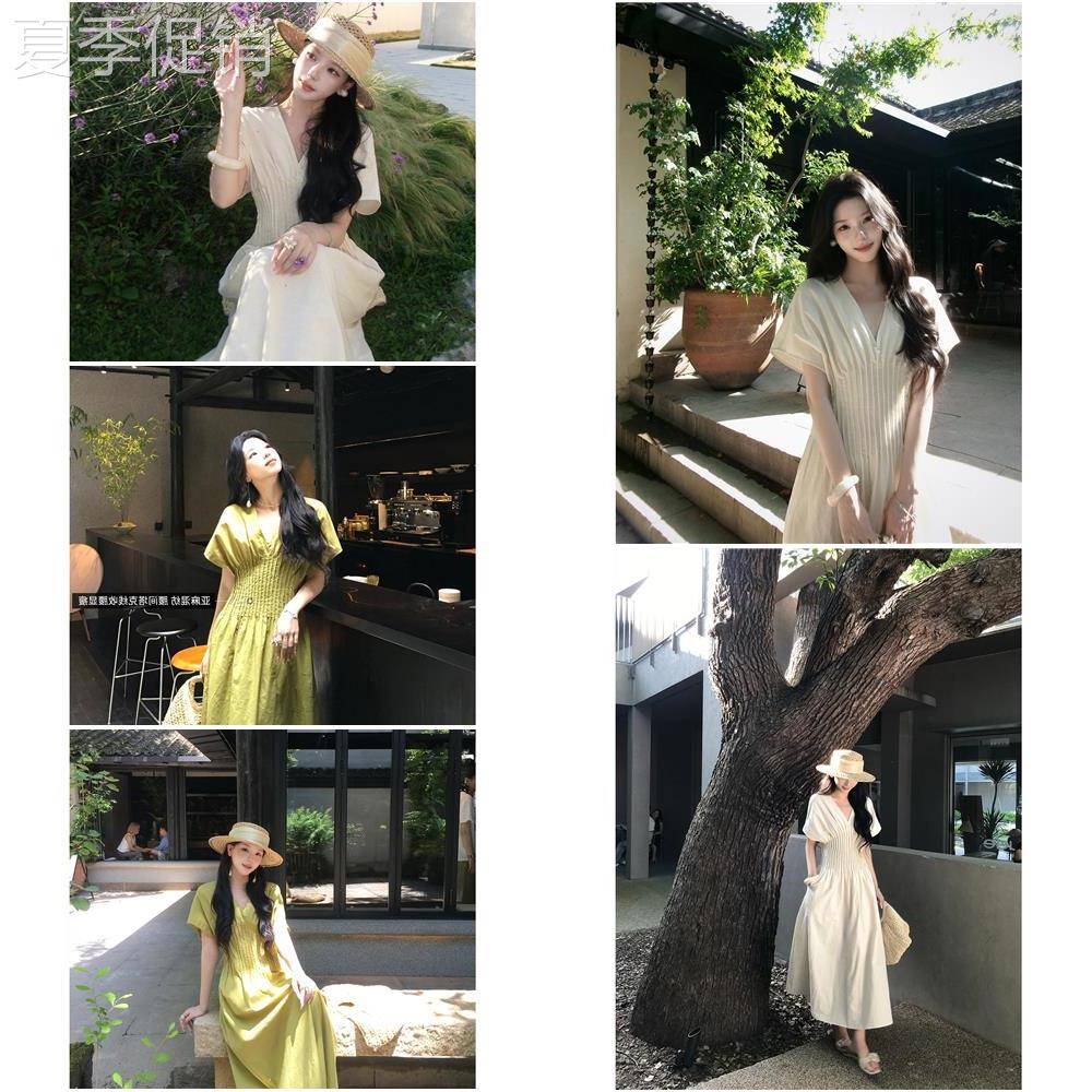 ICELOLLY亚麻V领收腰设计感小个子洋装女夏日独特漂亮掐腰裙子