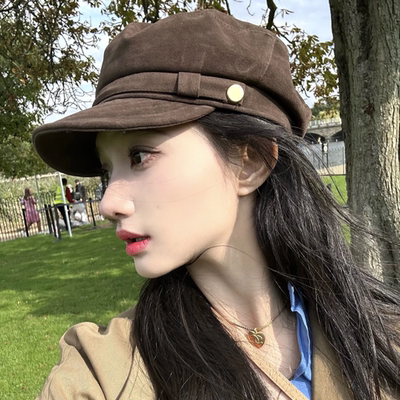 入秋氛围感美拉德~棕色麂皮平顶报童帽女秋冬复古英伦八角贝雷帽