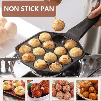 12/14 Hole Takoyaki Pan Wooden Handle Octopus Balls Fry Pan