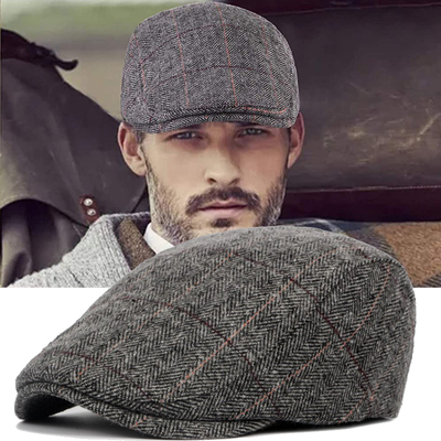 Classic Plaid Stripe Newsboy Cap for Men Women Winter Cotton