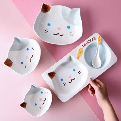 Breakfast plate lovely cat clean separator tableware bowl