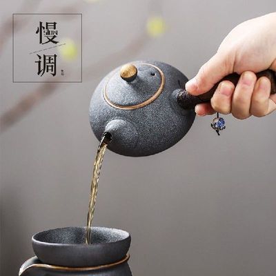 Chinese crude pottery teapot single wooden handle Japanese