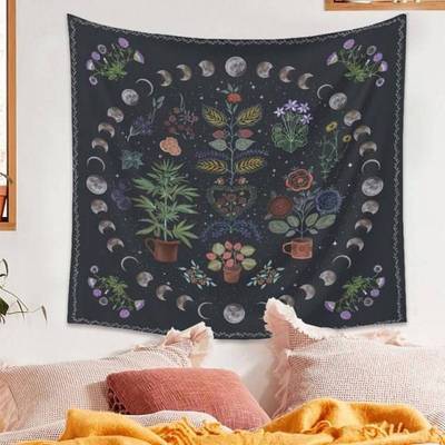 Moon Phase Tapestry Wall Hanging Botanical Celestial Floral