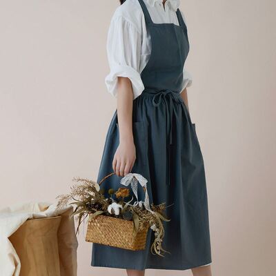 Women Cotton Linen Cross Back Apron Japanese Solid Colors Ho