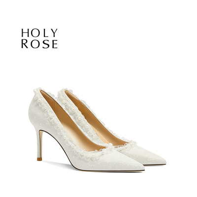 HolyRose【梦幻花园】法式婚鞋女白色蕾丝尖头高跟鞋绝美新娘鞋