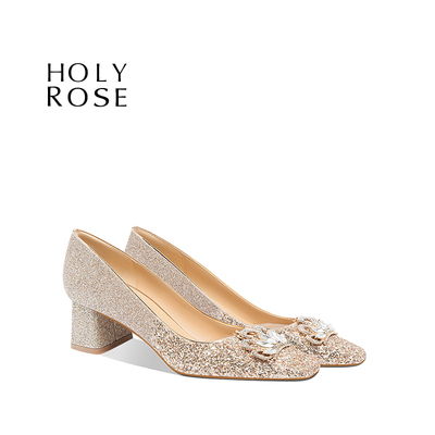 HolyRose【闪钻皇冠】香槟色婚鞋女粗跟水晶鞋秀禾婚纱两穿高跟鞋