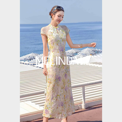 MELINDA LI【东方花神】新中式桑蚕丝丝绒织金烧花旗袍斜裁连衣裙