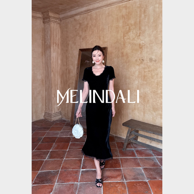 Melinda Li【夜幕】私服法式桑蚕丝丝绒蕾丝正反两穿斜裁连衣裙