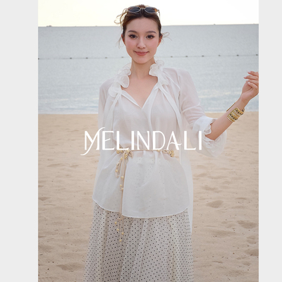 MELINDA LI【小岛花苞】重磅醋酸手工法式立体荷叶边花苞系带衬衫