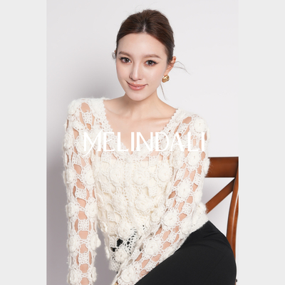 MELINDA LI【茸茸山茶】软糯马海毛羊毛混纺玫瑰手绣钩花针织开衫