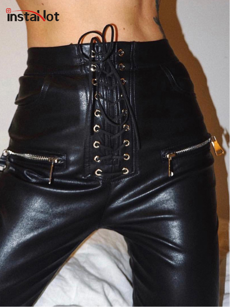 InstaHot Black Faux PU Leather Pencil Pants Lace Up High Wai