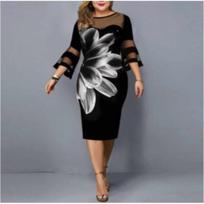 Big size Printed gauze stitching dress印花网纱拼接大码连衣裙