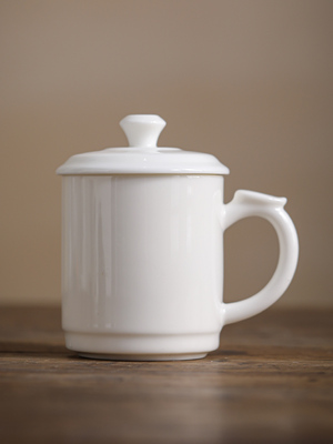 羊脂玉白瓷茶杯陶瓷大容量水杯带盖办公杯家用喝茶个人会议杯定制