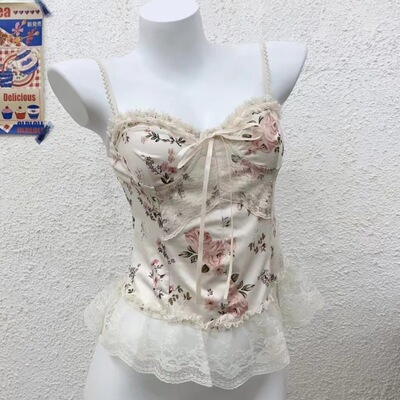 Floral lace patchwork suspenders vest 碎花蕾丝拼接吊带背心女