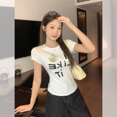 【实拍现货】波点字母印花正肩短袖T恤女修身显瘦上衣