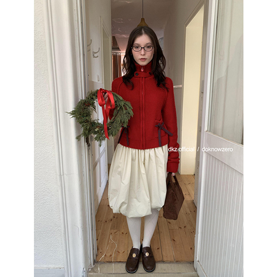 DKZ  圣诞红色针织开衫外套女秋冬新款氛围感蝴蝶结上衣