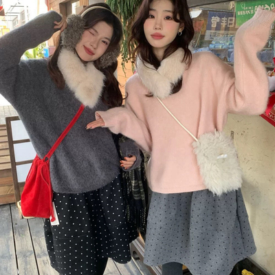 莓果氛围感圆领套头保暖毛衣(配可拆卸环保毛领)BW730106983