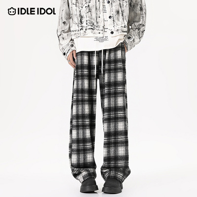 时尚复古格纹直筒休闲裤