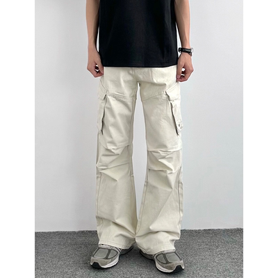 HMN Studio美式复古米白色多口袋工装裤男女阔腿褶皱伞兵直筒裤
