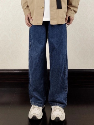 HMN Studio2024春夏新款直筒宽松男士牛仔松紧腰洗水复古长裤