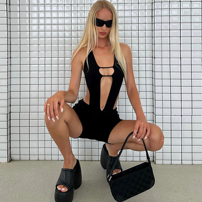 Sexy hollowed-out lace-up conjoined shorts性感镂空系带连体裤