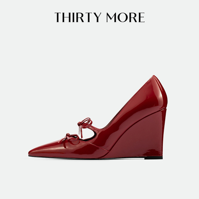 Thirty More法式气质尖头蝴蝶结单鞋女2026夏季新款酒红色高跟鞋