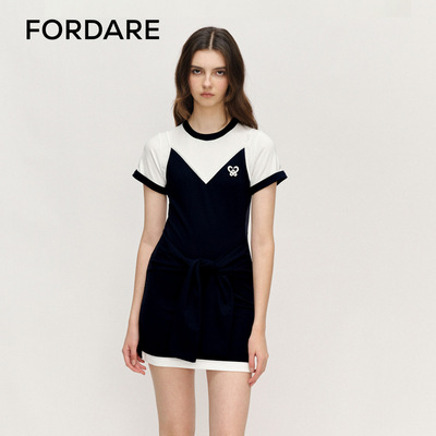 FORDARE/福蝶25春夏解构黑白撞色假两件短袖连衣裙