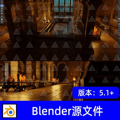 Blender古典古罗马风格浴场拱廊石柱中央水池落地窗3D模型素材