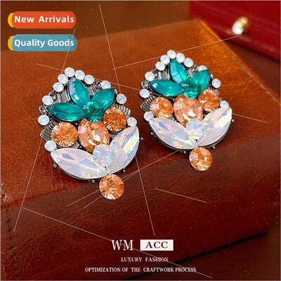 Earrings silver pin colorful diamond leaf earrings worker