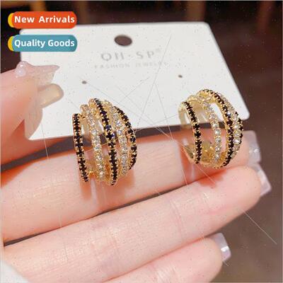 Delicate black diamond multi-layer geometric C-shaped earrin