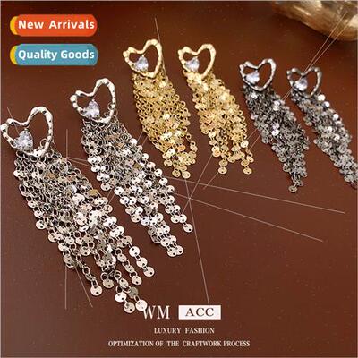 lver needle zircon love round sequins long tassel earrings E