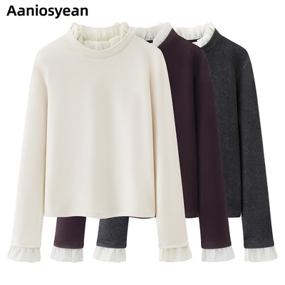 艾诺丝旺京冬发热拉绒网纱荷叶边领磨毛内搭高弹加厚羊毛上衣8899