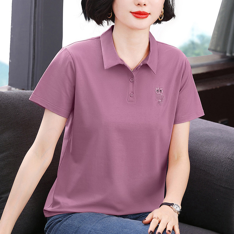 中老年妈妈夏装纯棉POLO衫时尚洋气短袖t恤女宽松大码遮肚子上衣