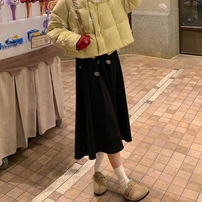 XCCX黑色百褶毛呢半身裙女2024早秋中长款小个子a字裙高腰显瘦