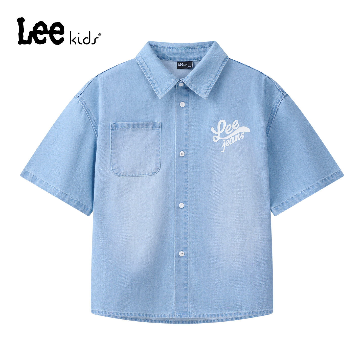 Leekids儿童logo刺绣夏季水洗牛仔衬衫男女中大童时尚百搭上衣