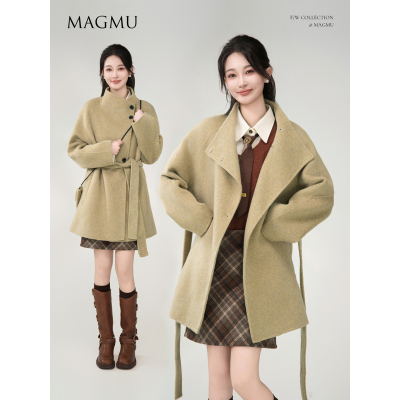 麦格牧【远萤】双面呢羊毛大衣女绿色中长款新款高级气质外套秋冬